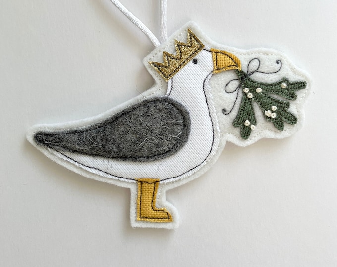 Embroidered Seagull Christmas Ornament, Gold Crown, Mistletoe - Etsy UK