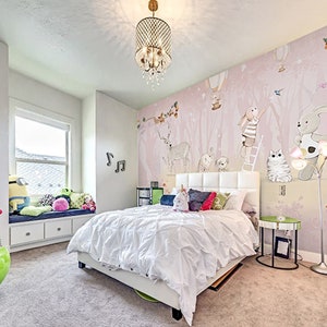 The Nordic Style Wallpaper Pink Cartoon Animals Rabbit Wall - Etsy