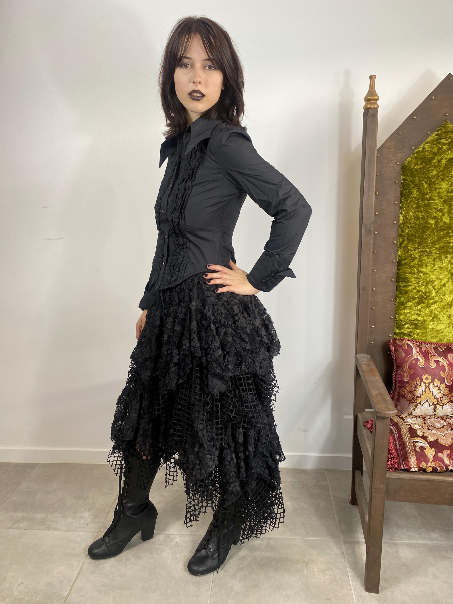 Black Gothic Layered Skirt – Asymmetrical Lace Grunge Skirt – Witch ...