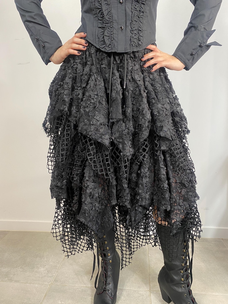 Black Gothic Layered Skirt – Asymmetrical Lace Grunge Skirt – Witch ...