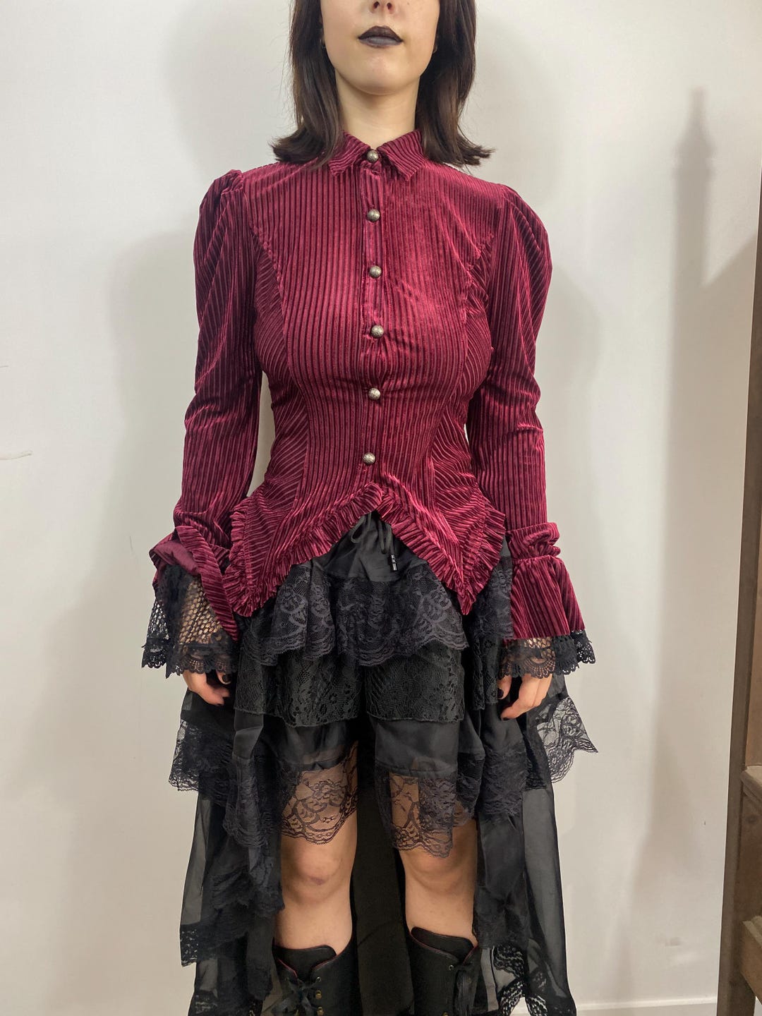 Victorian Velvet Gothic Blouse: Red Stripe, Lace Cuff Steampunk Shirt ...
