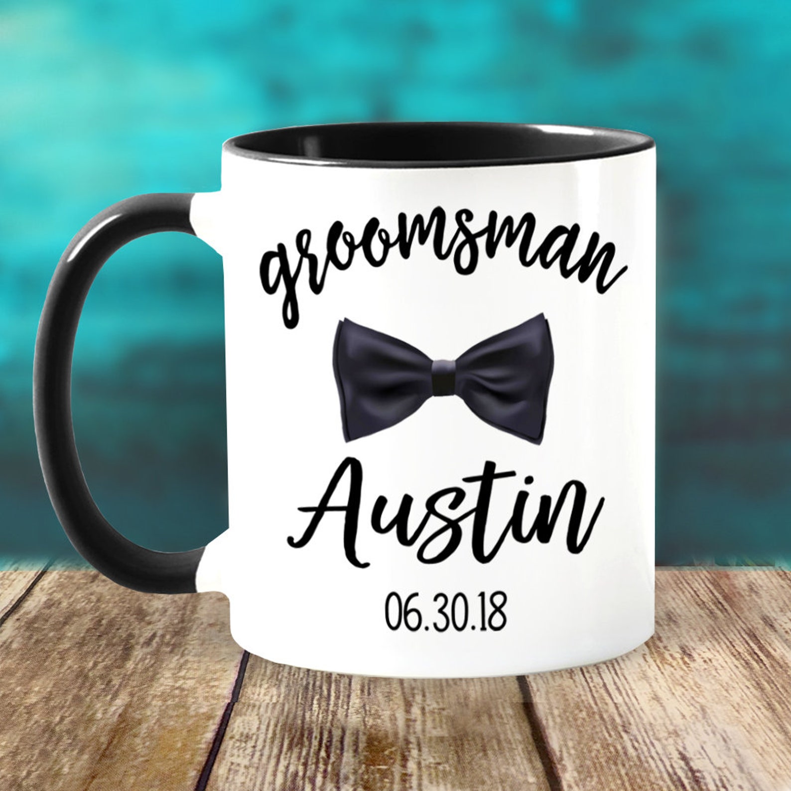 Groomsman Mug With Bow Tie, Personalized Name and Wedding Date - Bridal ...
