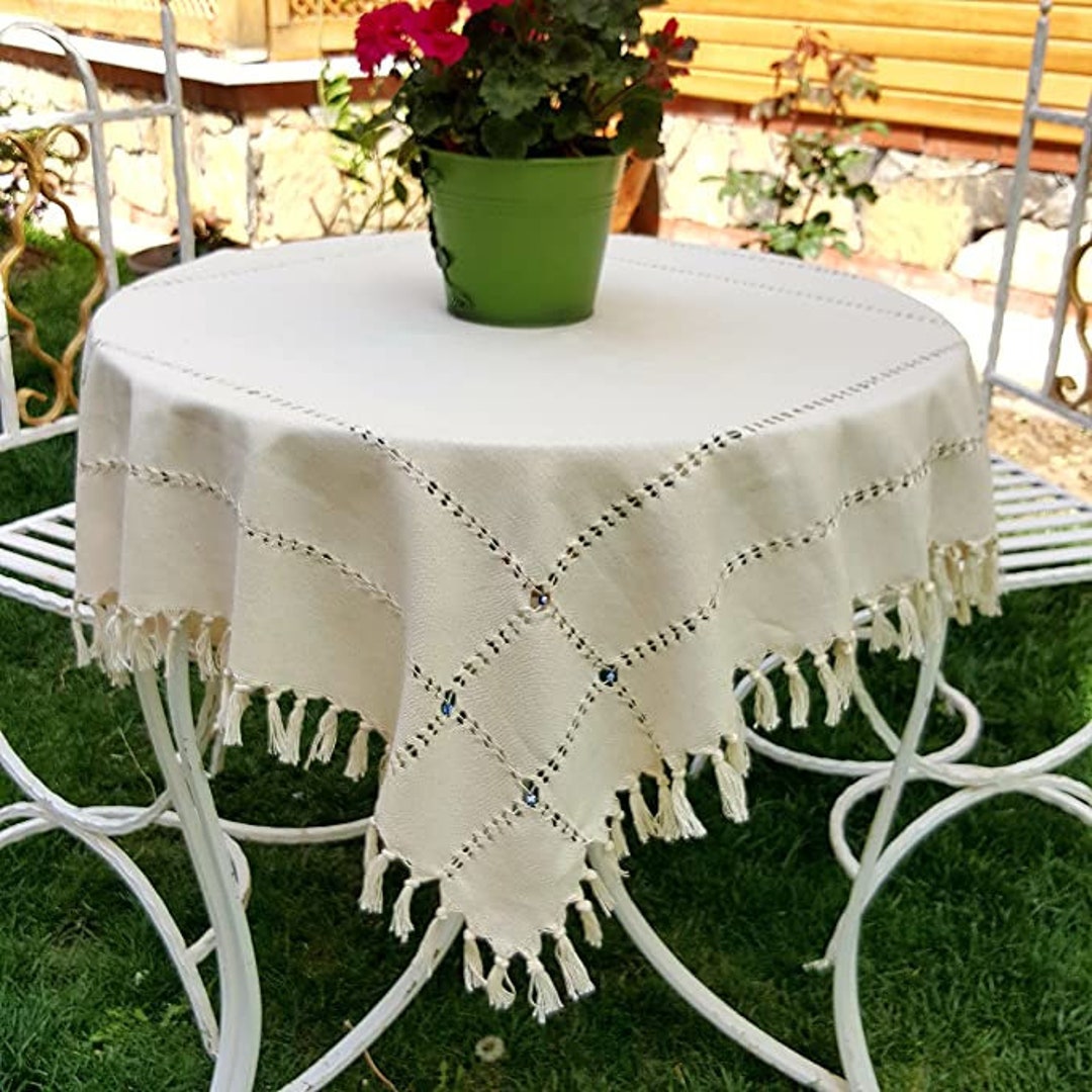 Handmade Tablecloth Decorated With Blue Beads, 100 % Cotton (36" X 36 ...