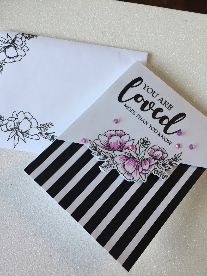 Handmade Card Stamped Card Floral Card Striped Card Love - Etsy