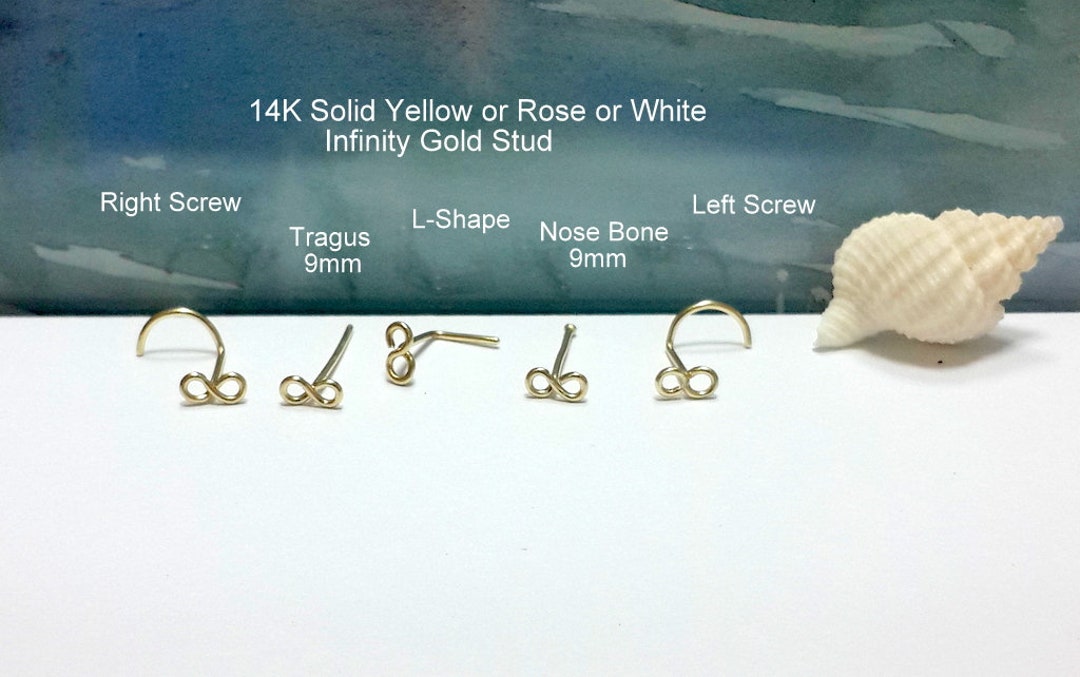 14K Solid Gold Infinity Nose Stud: Tragus, Helix, Lobe Piercing, 24G ...