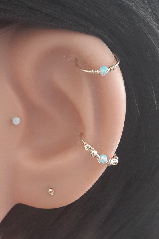 Azure Opal 2mm Helix Earring Gold Beaded Cartilage Hoop | Etsy