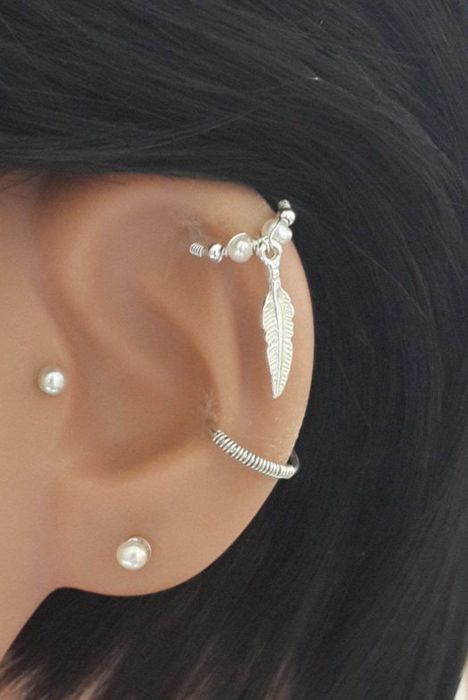 Cyber Sale 925 Sterling Silver Feather Freshwater Pearl Hoop | Etsy