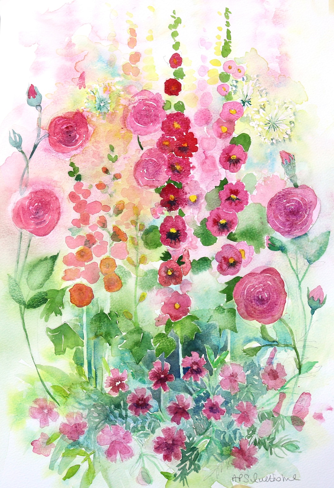 Pink Flower Border Original Watercolour Painting by Penny Silverthorne ...