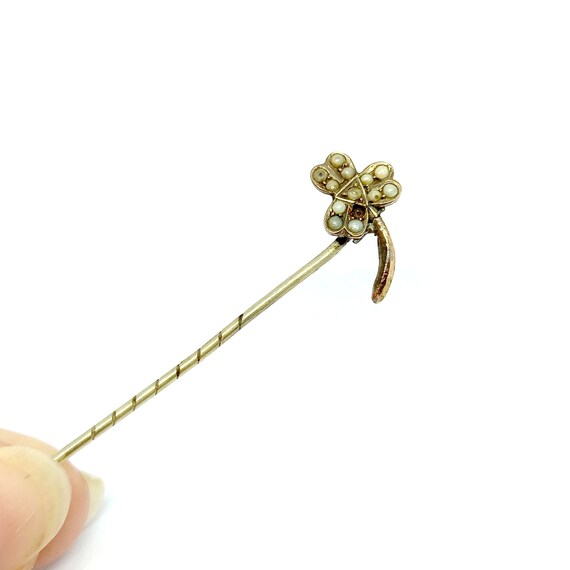 Antique Brooch Gold Pearl Clover Stick Pin Edwardian … - Gem