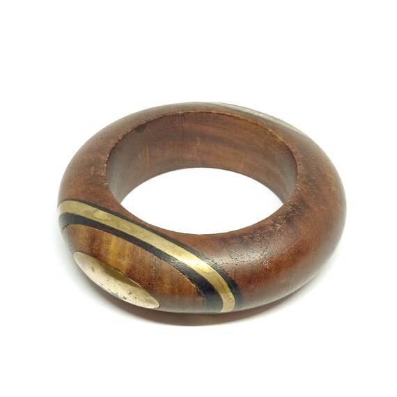 Chunky Wooden Bangle Brass Inlay Panel Vintage 1980s … - Gem