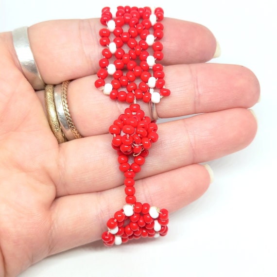 1970s Beaded Bracelet Red White Flat Beadwork Native … - Gem