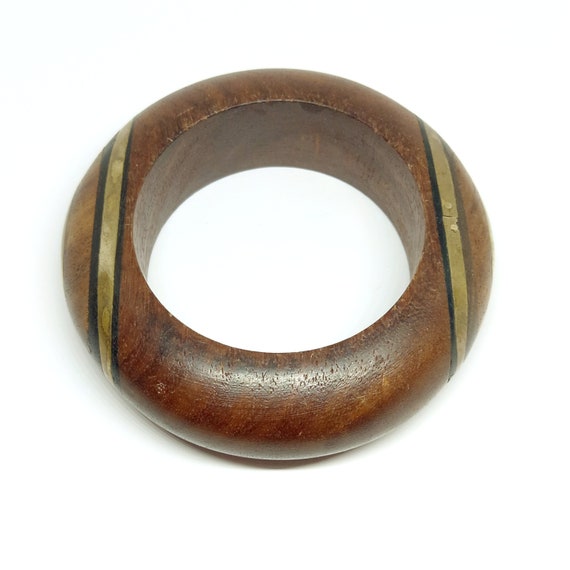 Chunky Wooden Bangle Brass Inlay Panel Vintage 1980s … - Gem