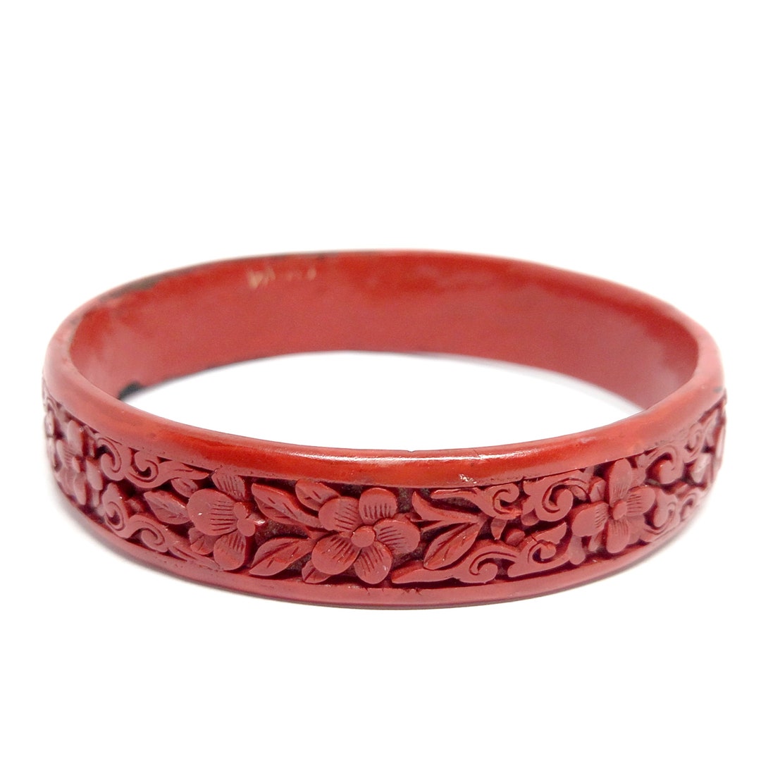 Antique Cinnabar Bangle Hand Carved Chinese Red Lacquer Intricate ...