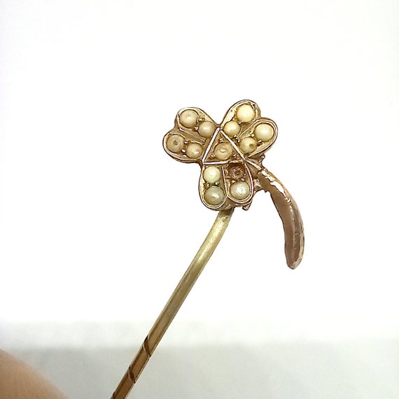 Antique Brooch Gold Pearl Clover Stick Pin Edwardian … - Gem
