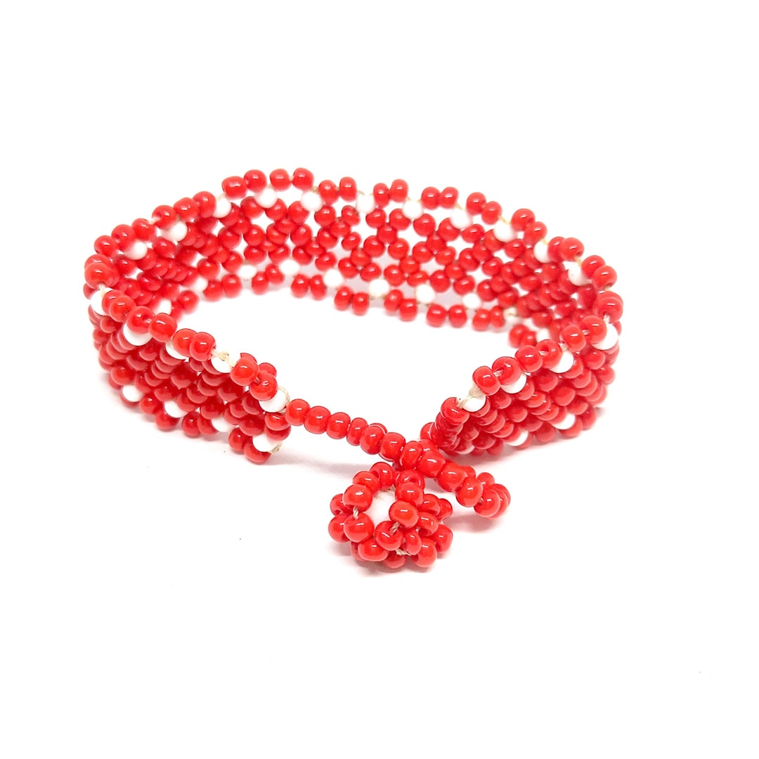 1970s Beaded Bracelet Red White Flat Beadwork Native American Style ...