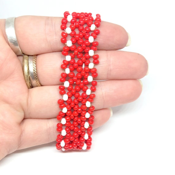 1970s Beaded Bracelet Red White Flat Beadwork Native … - Gem