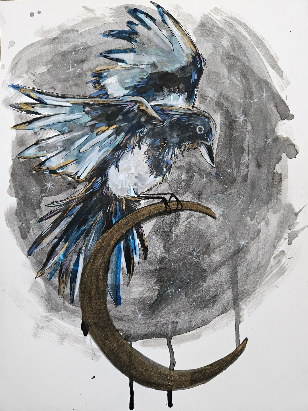 Magpie,moon, Ink Painting, Metallic Painting, Bird, Wildlife, Wall Art ...