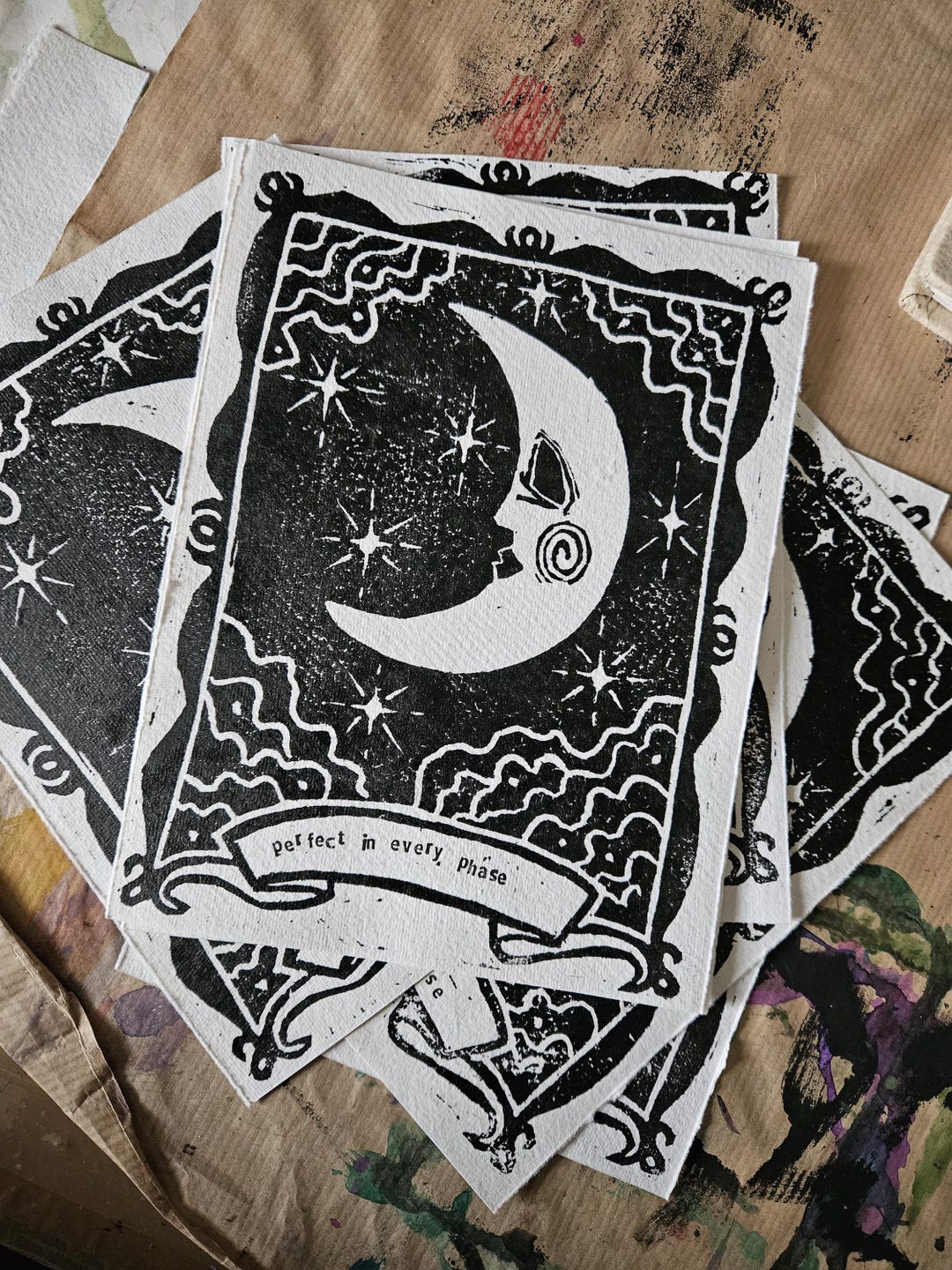 Moon Phase Lino Print, Ink Art Deco - Etsy