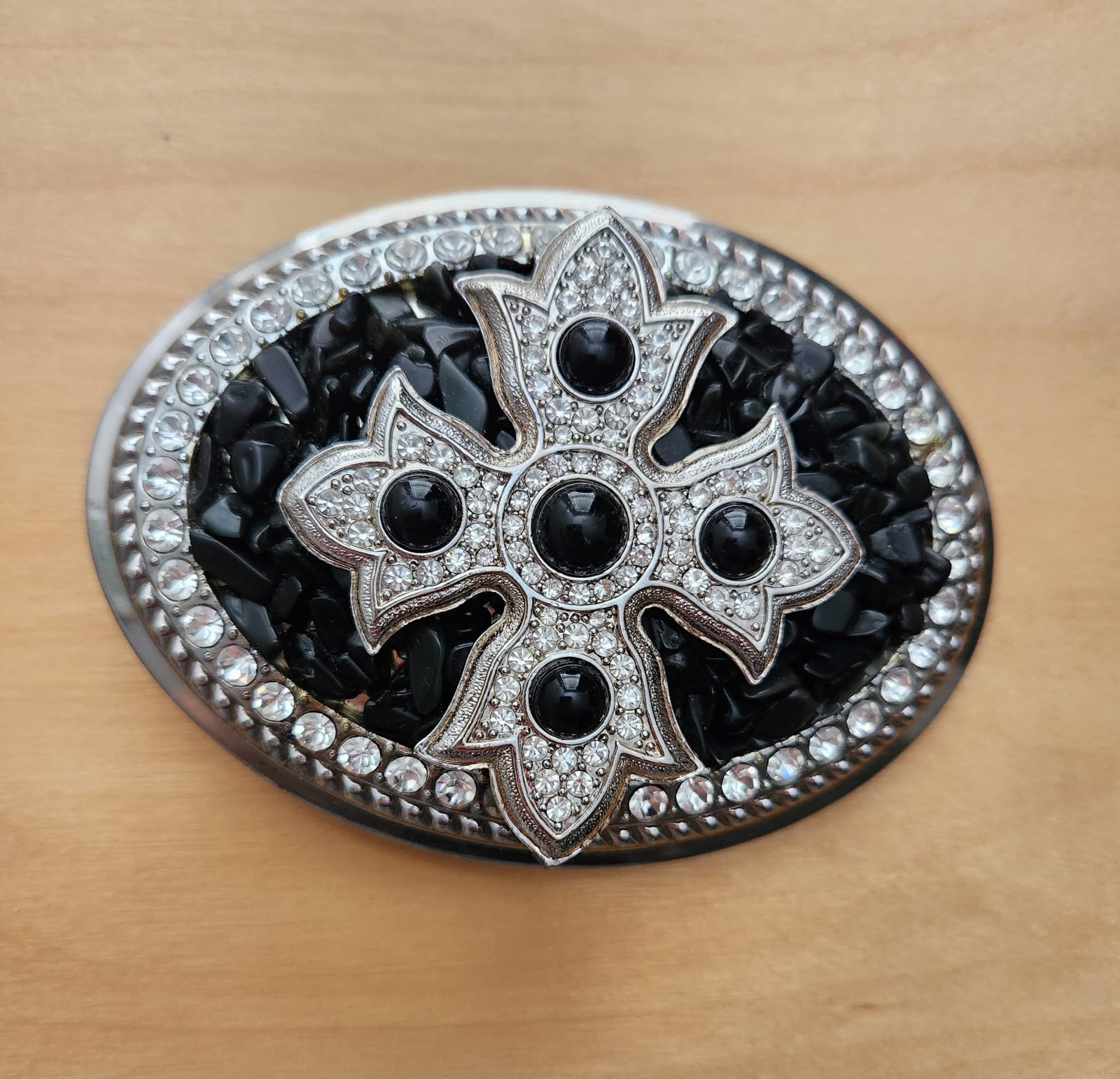 Large Belt Buckle Bling Cross Rhinestones and Black Stones, Silver Tone ...