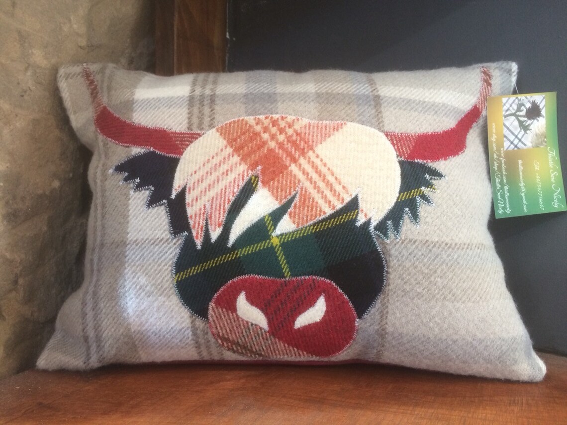 Highland Cow Cushion, Tartan Pillow, Decorative Cover, Green Red Orange ...