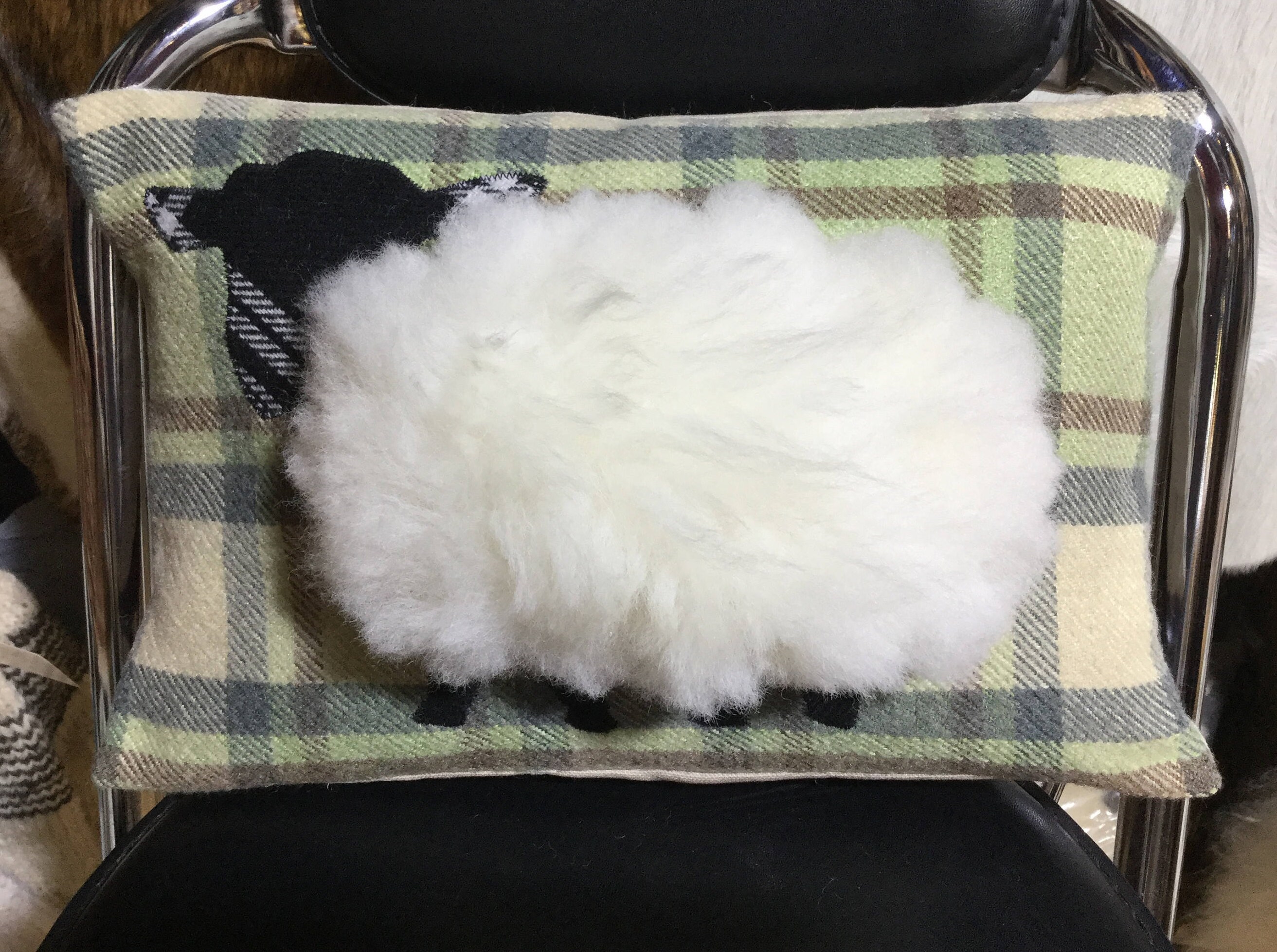 White Scottish Sheep, Green Tartan Cushion, Decorative Handmade Lamb ...