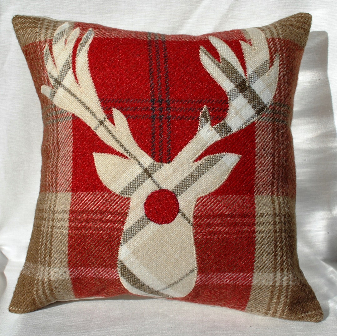 Reindeer, Stag, Red Christmas Pillow, Decorative Handmade Tartan ...