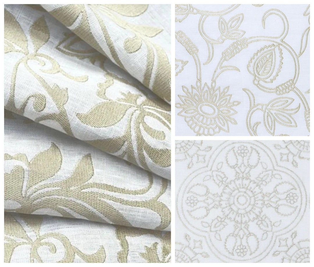 White Linen Fabric by the Yard. Floral Embroidered Semi-sheer Home ...