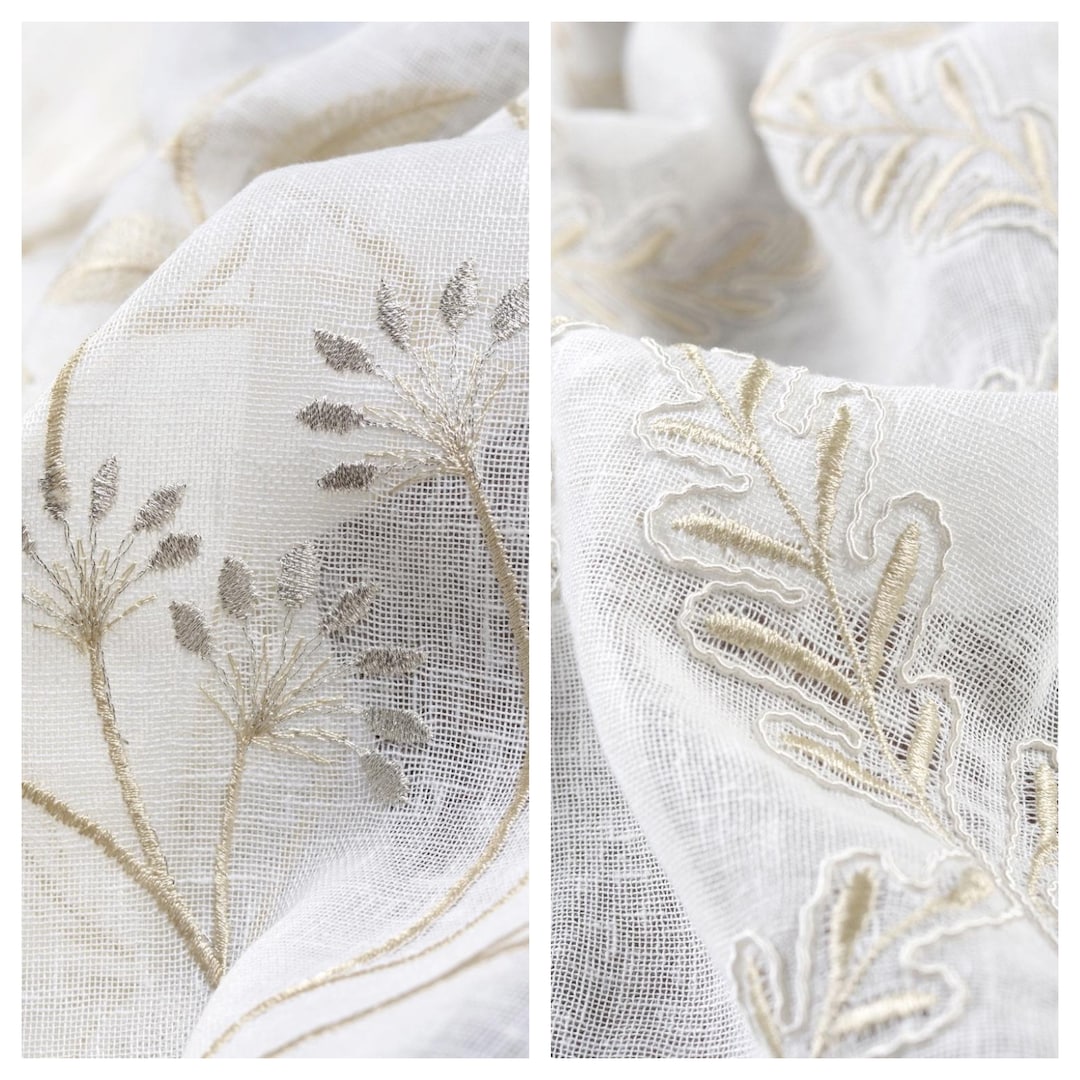 White Linen Texture Sheer Fabric by the Yard. Floral Embroidered ...
