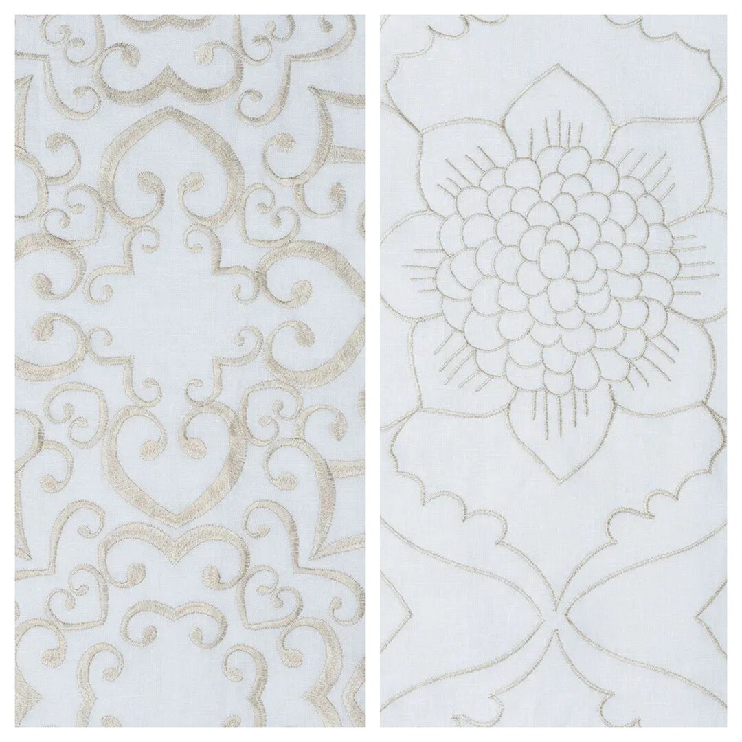 White Linen Fabric by the Yard. Floral Embroidered Semi-sheer Home ...