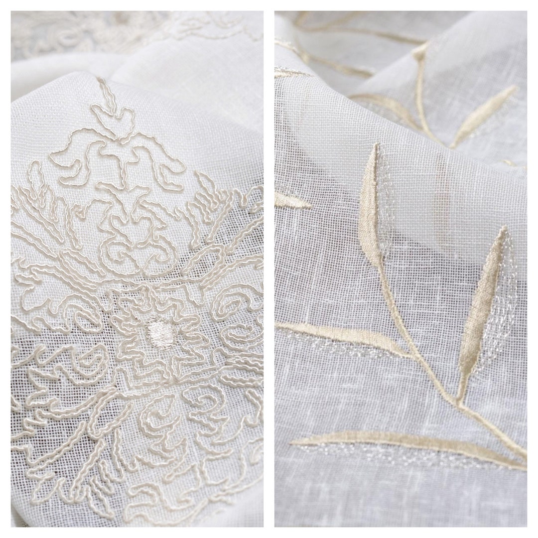 Sheer Fabric by the Yard. Linen Texture Home Textiles. White Floral ...