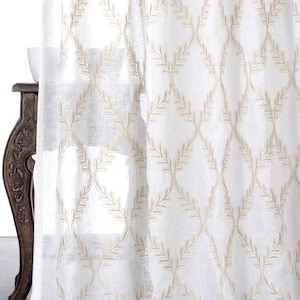 White Floral Embroidery Sheer Curtains. Custom Size Linen Texture ...