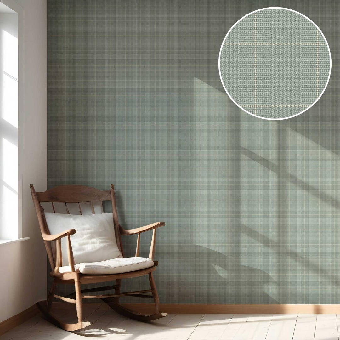 Textured Check Wallpaper. Extra Wide, Sage Green Geometric Checkered ...