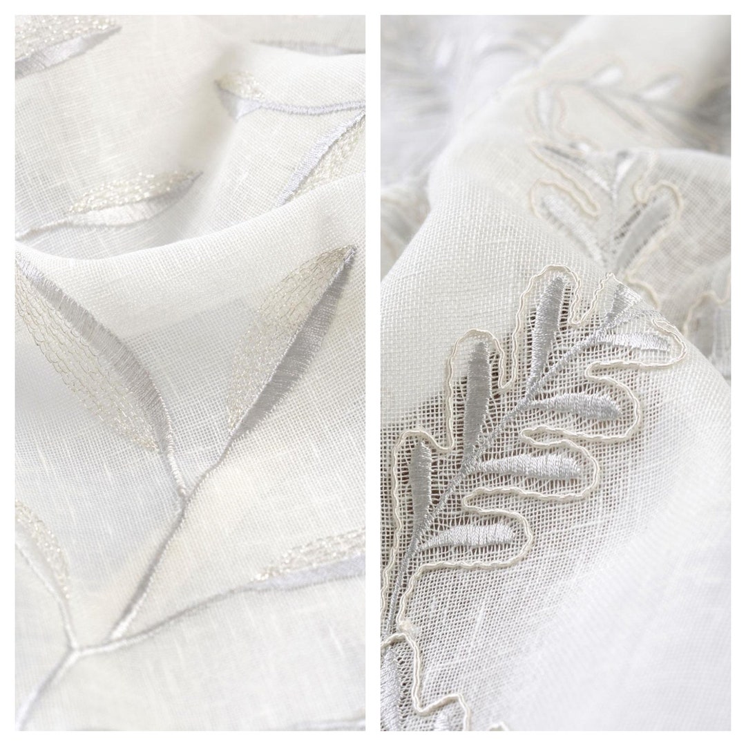 Linen Texture Sheer Fabric by the Yard. White Floral Embroidery Home ...