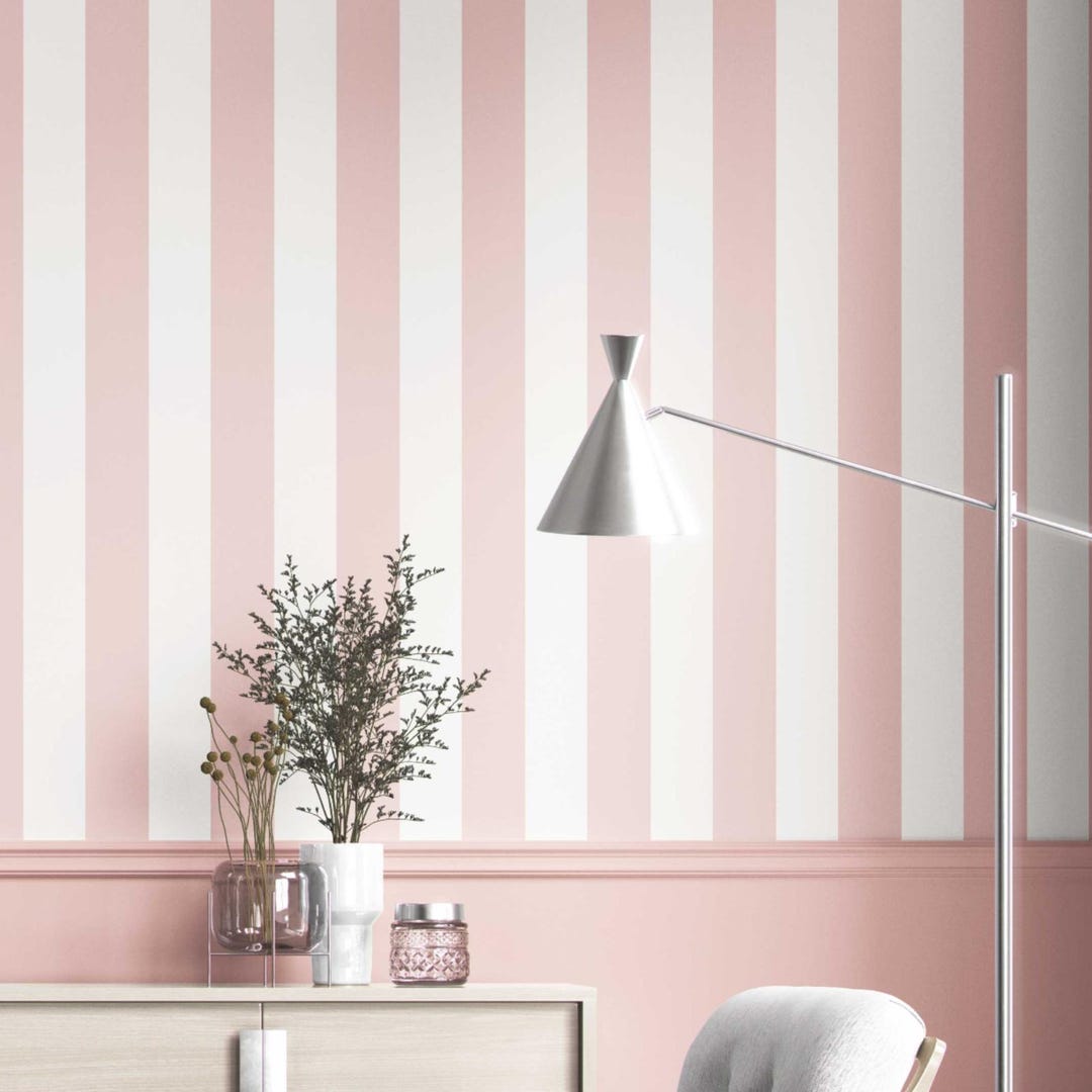 Striped Wallpaper. Extra Wide Roll. Blush Pink/ White Geometric, Non ...