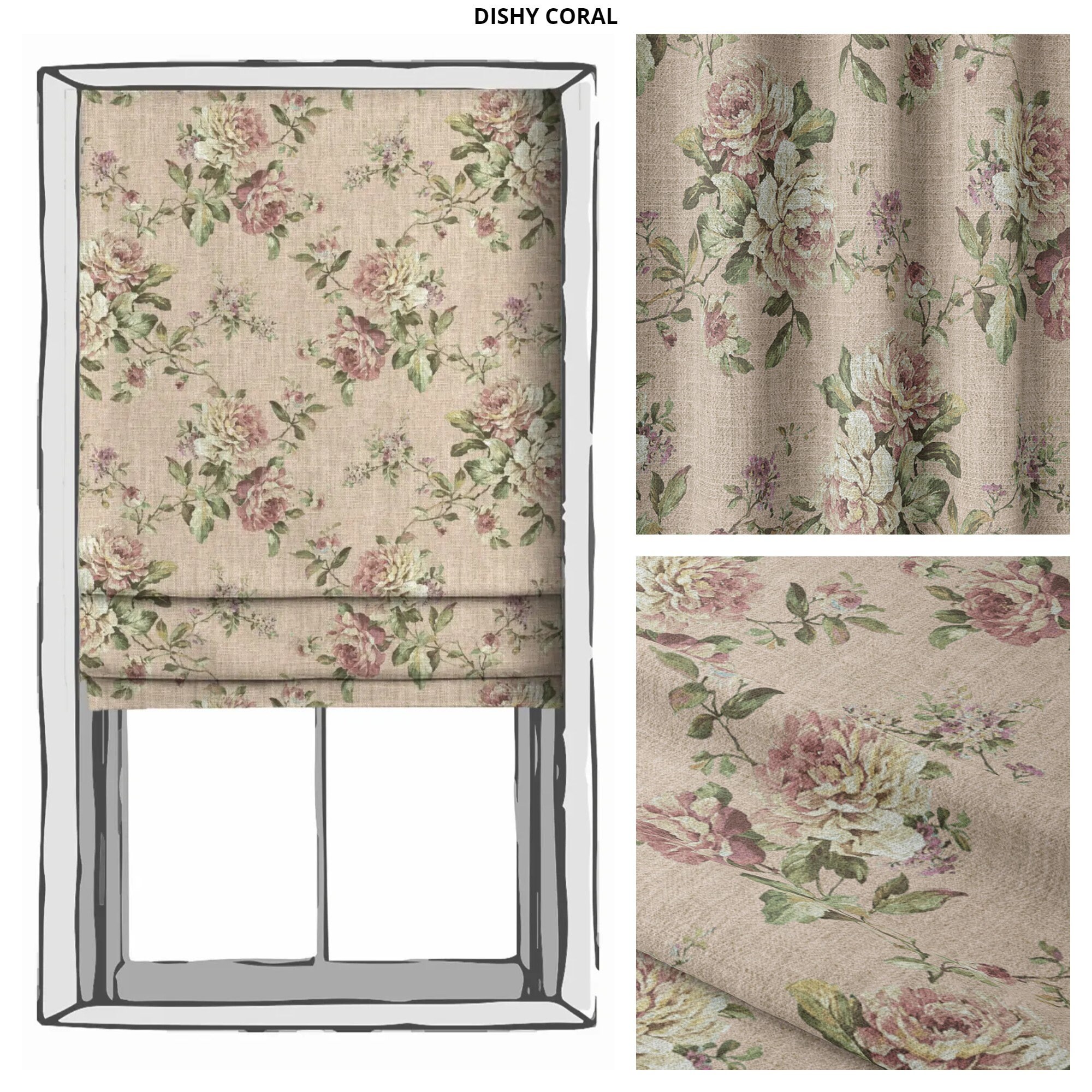 5 Colors. Floral Roman Shades, 3 Fold Styles, Blackout Lining Option ...