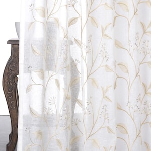 White Floral Embroidery Sheer Curtains. Custom Size Linen Texture ...