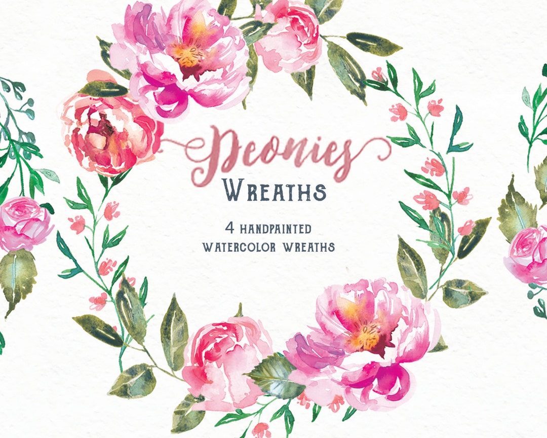 Flower Clipart Wreaths, 4 Watercolor Peonies Wreaths in Gorgeous Pink ...