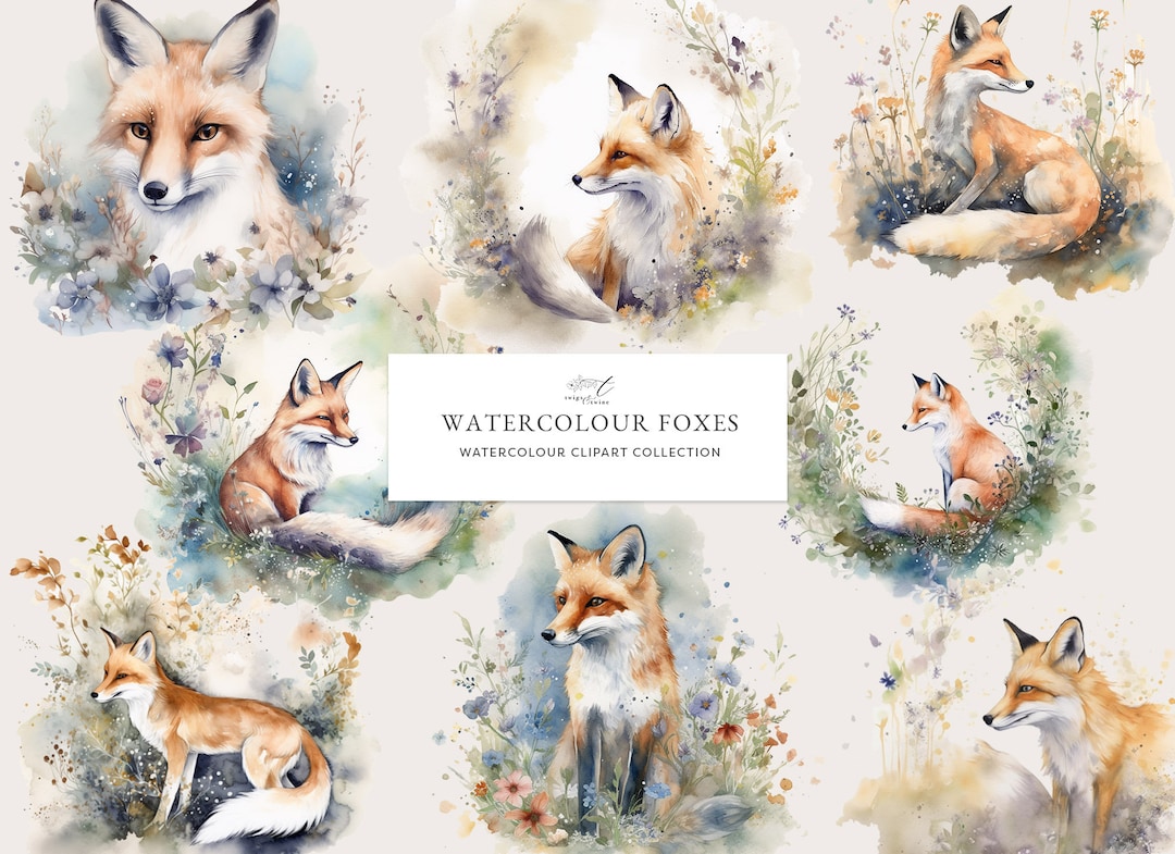 Woodland Foxes Watercolor Clipart Set- 8 Detailed PNG Graphics of Foxes ...