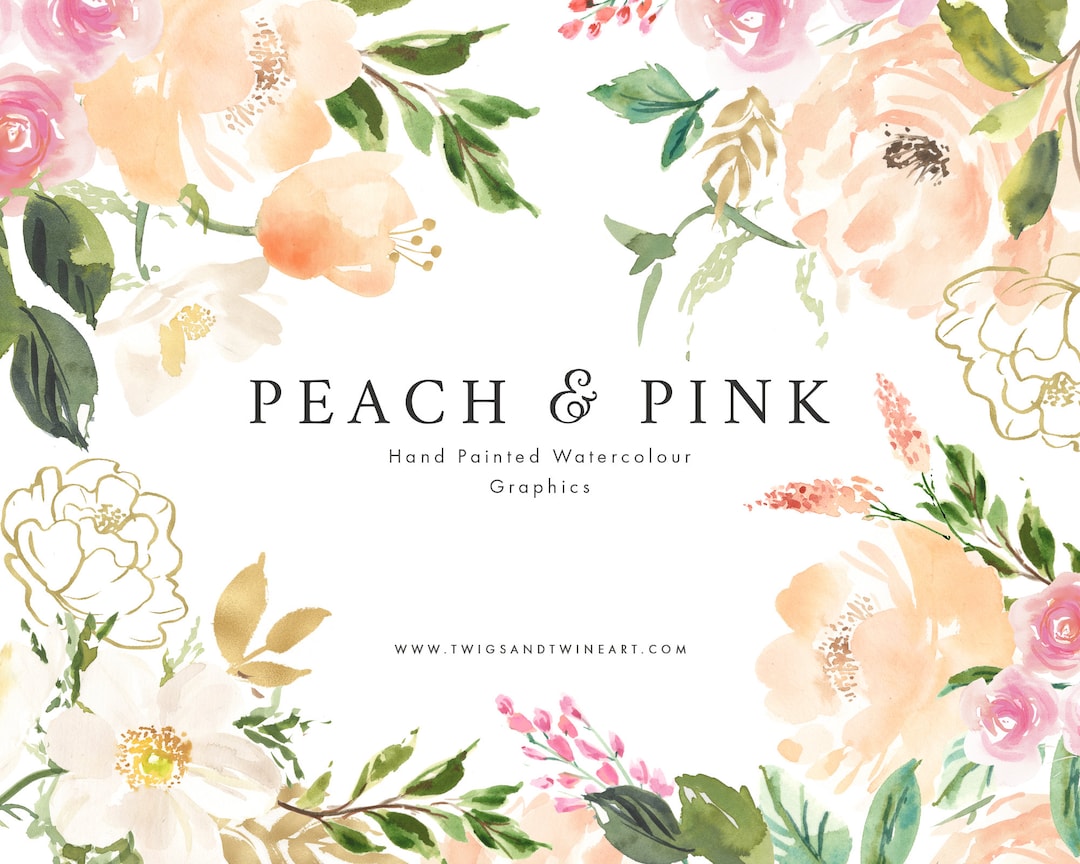 Peach and Pink Watercolour Floral Clipart. Hand Painted Flower Graphics ...