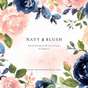 Hand Painted Watercolor Flower Clipart Set - Navy and Blush. Floral ...