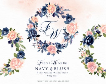 Hand Painted Watercolor Flower Clipart Set Navy and Blush. | Etsy