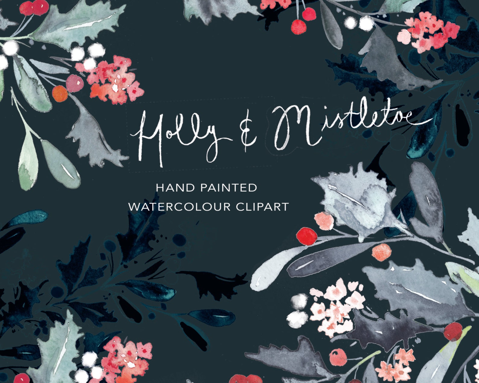 Holly and Mistletoe Hand Painted Clipart. Watercolor | Etsy