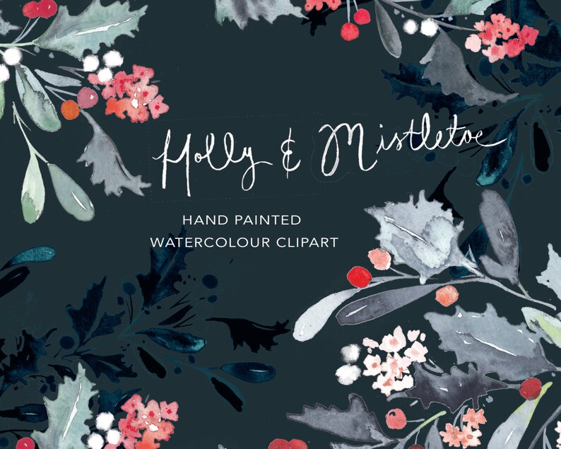 Holly and Mistletoe Hand Painted Clipart. Watercolor - Etsy UK