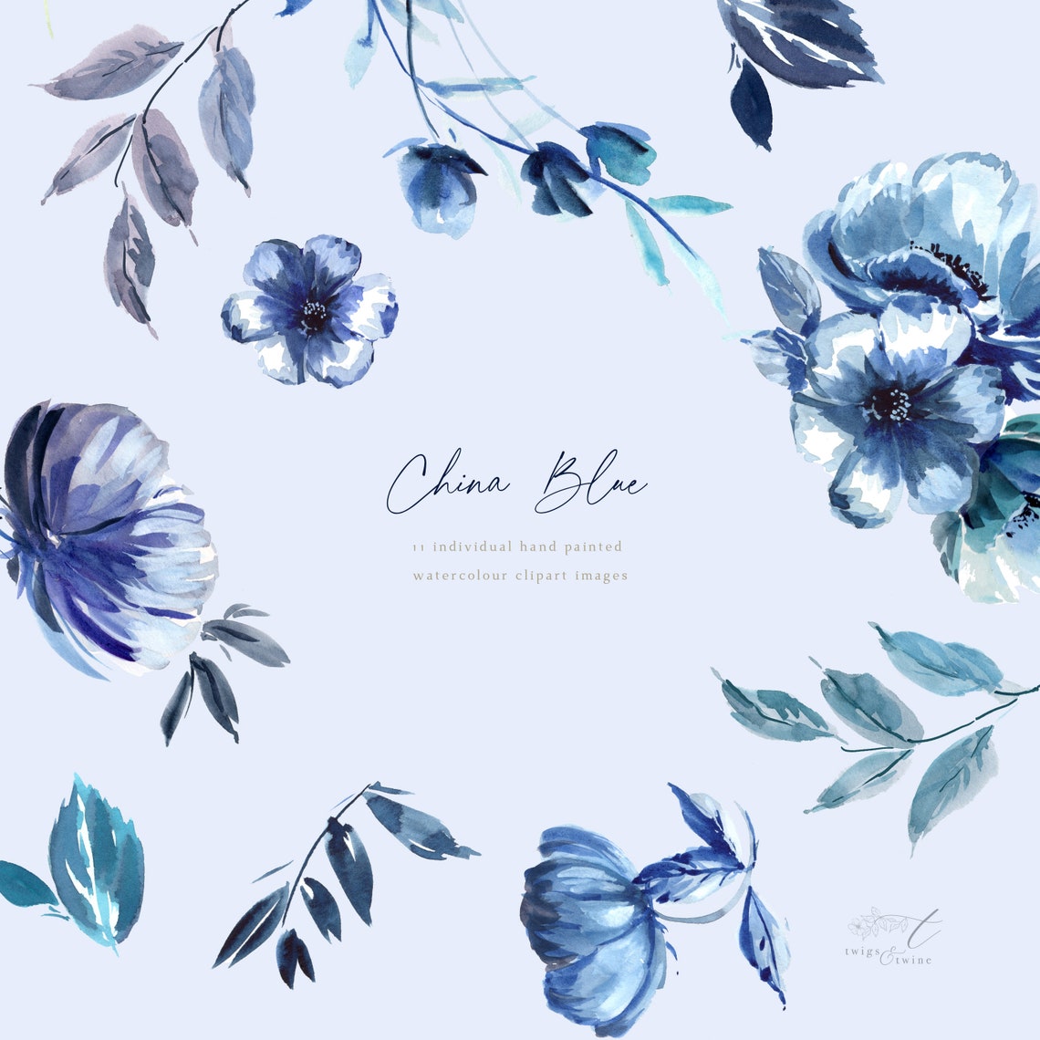 China Blue - Hand-painted Watercolour Botanical Clipart - Instant ...