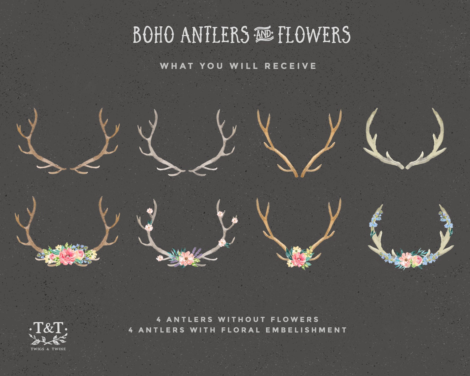 Antlers and Flowers Hand Painted Watercolour Clipart Set | Etsy