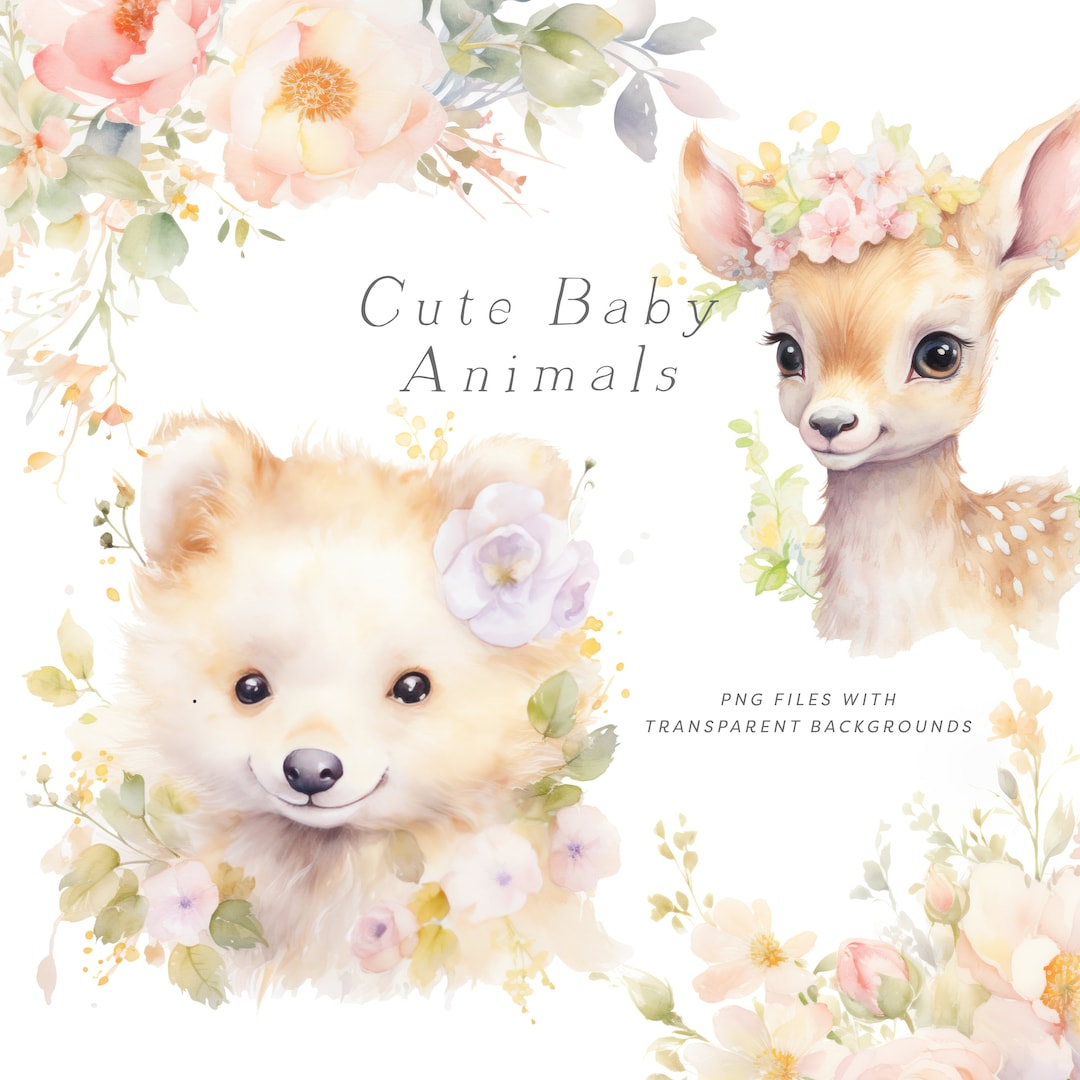 Cute Animal Clipart | Watercolor Cute Baby Animals and Flower Clipart ...