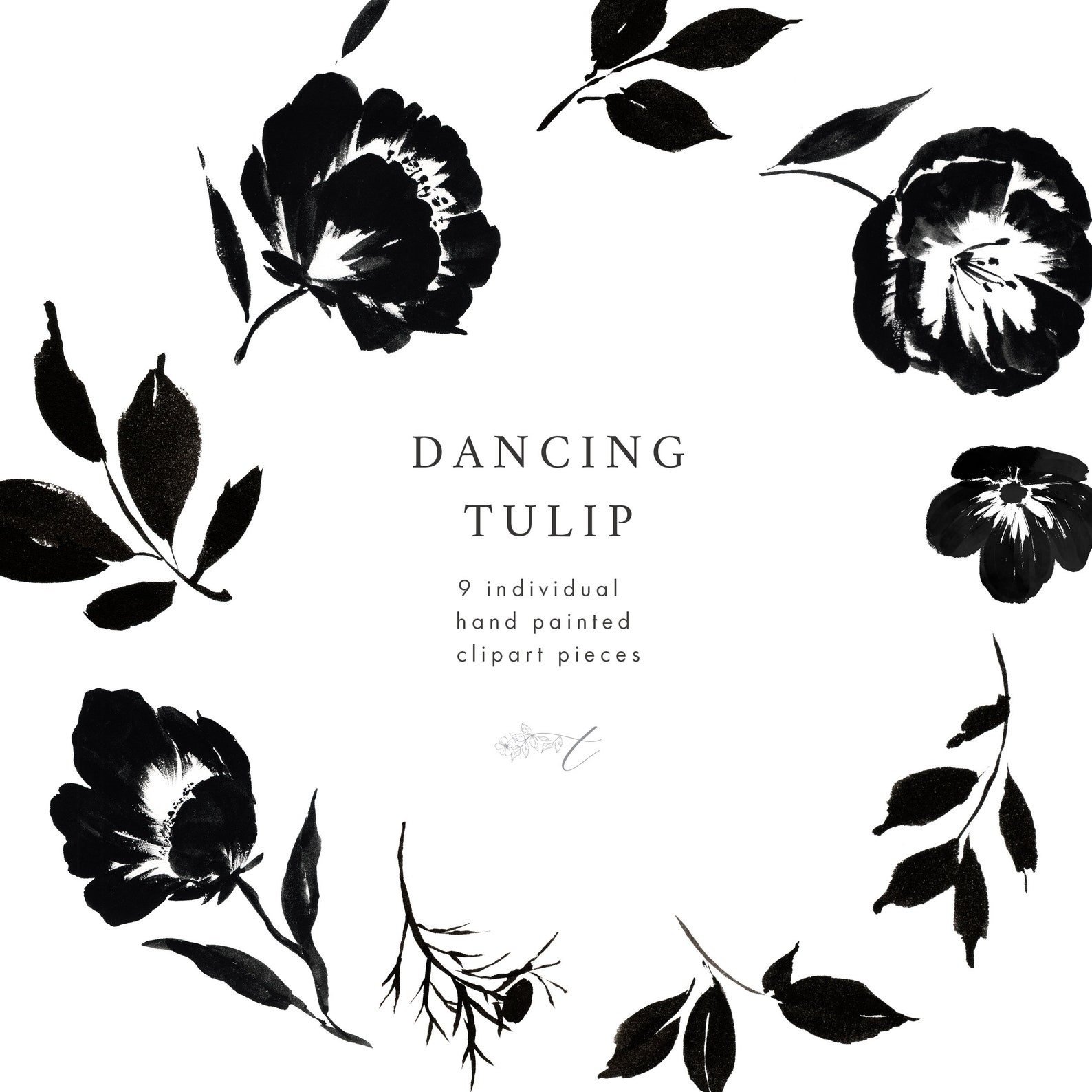 Digital Flower Clipart Dancing Tulip. Hand-painted Black and | Etsy
