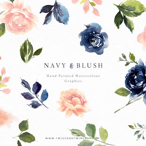Hand Painted Watercolor Flower Clipart Set - Navy and Blush. Floral ...