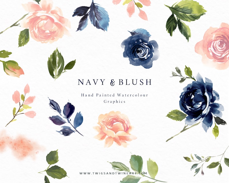 Hand Painted Watercolor Flower Clipart Set Navy and Blush. | Etsy UK