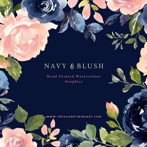 Hand Painted Watercolor Flower Clipart Set - Navy and Blush. Floral ...